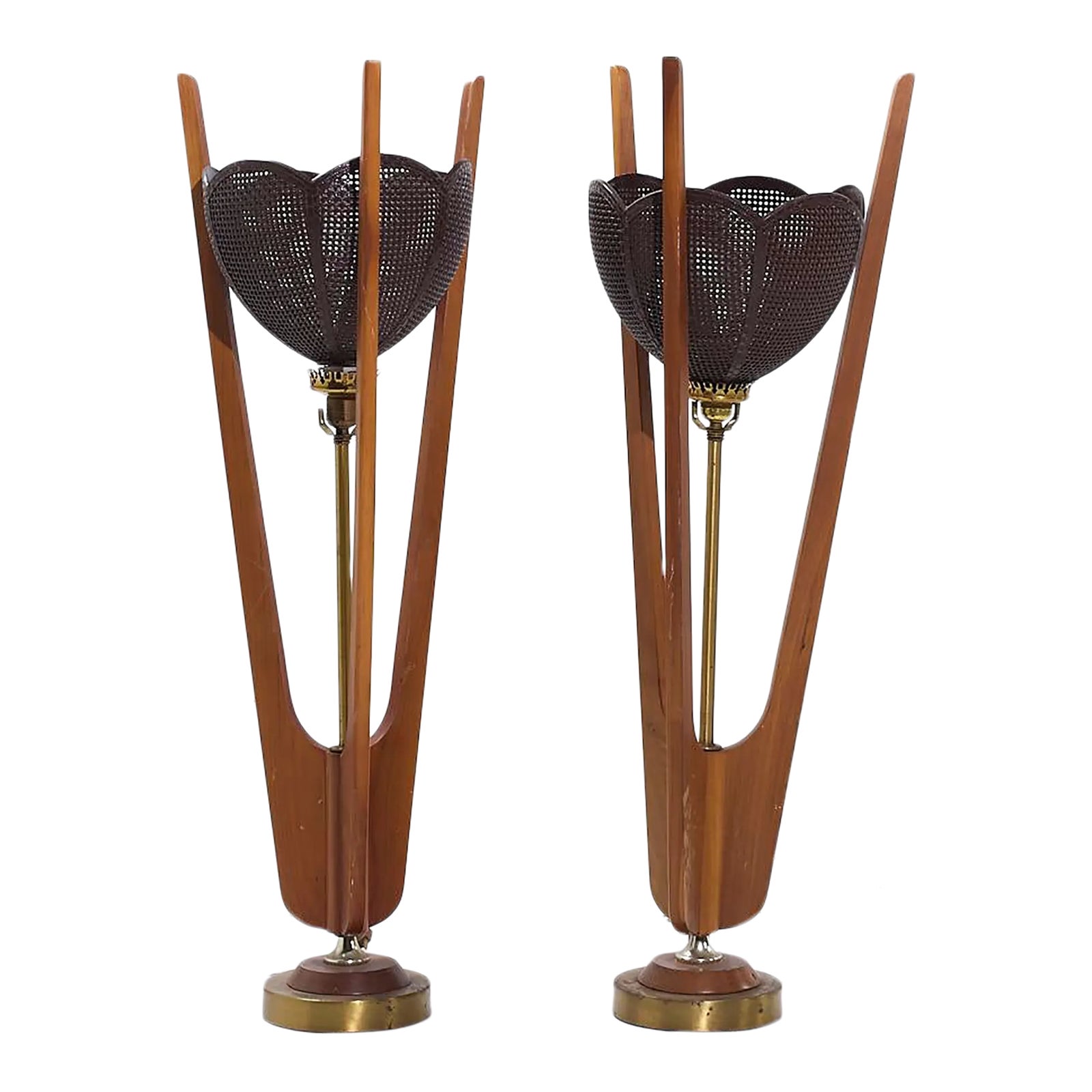 Modeline Style Walnut and Brass Table Lamps - Pair | Chairish
