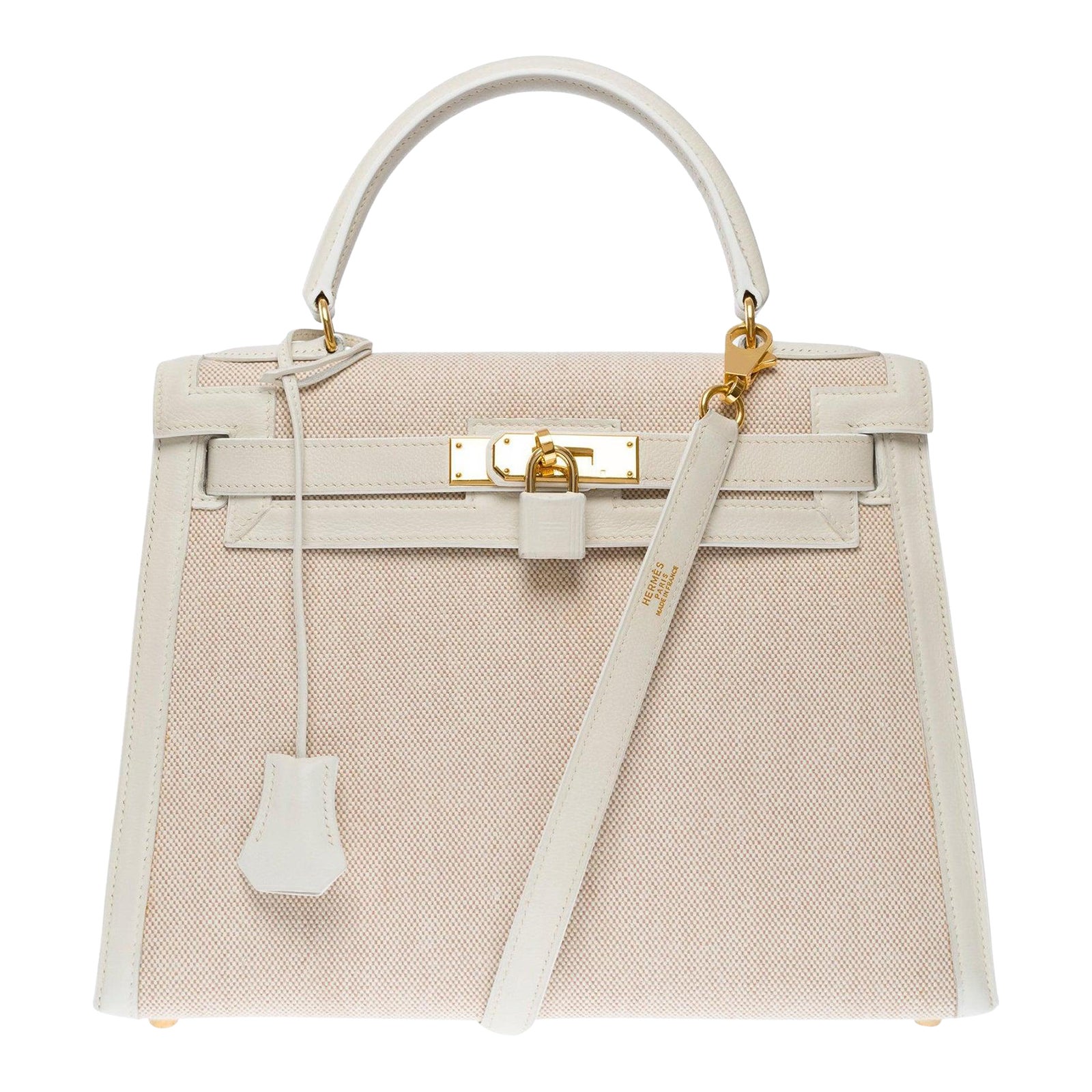 Hermes Kelly 28 Sellier Handbag Strap In White Canvas And Beige Leather ...