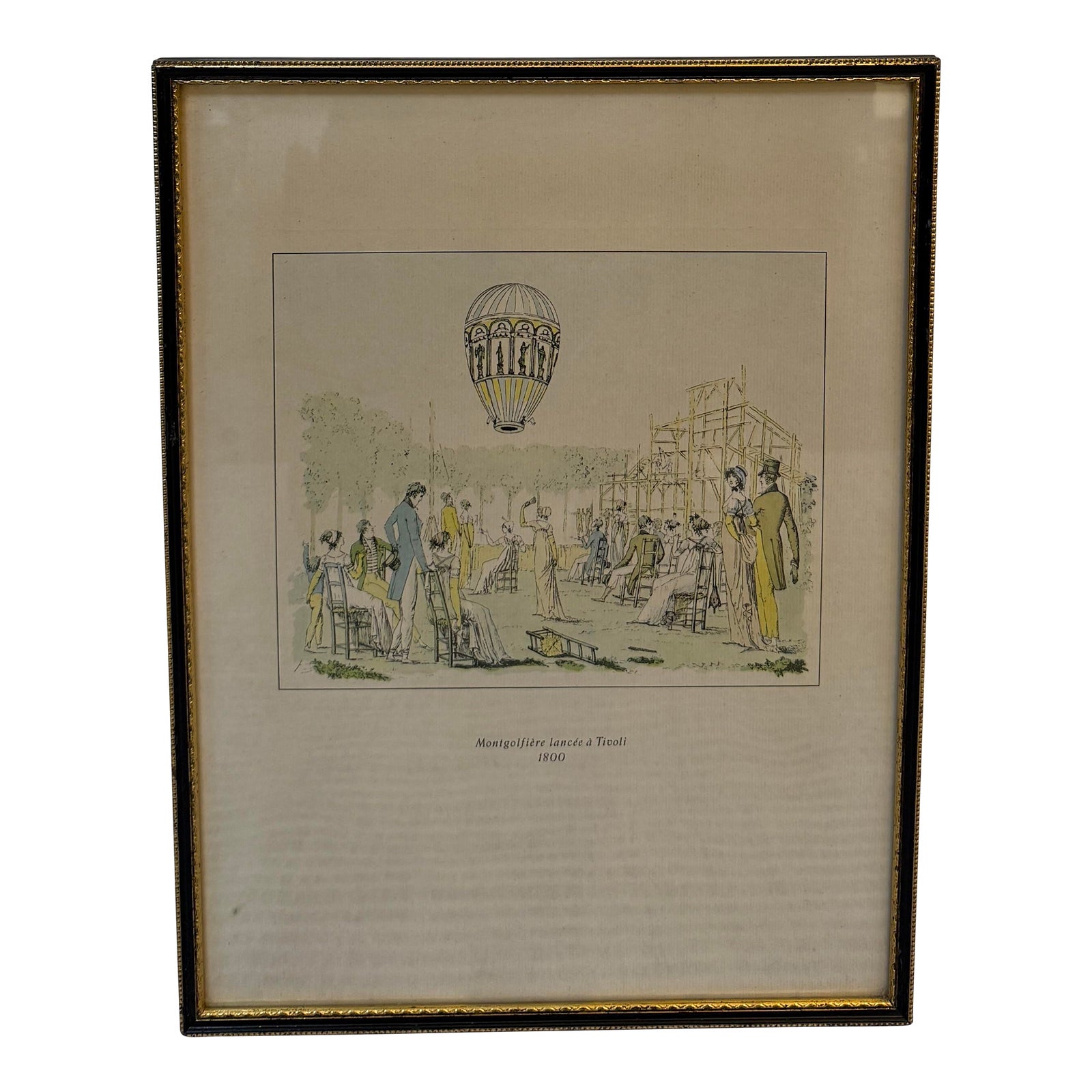 Vintage "Montgolfiere Lancee a Tivoli 1800" Colored Lithograph, Framed ...