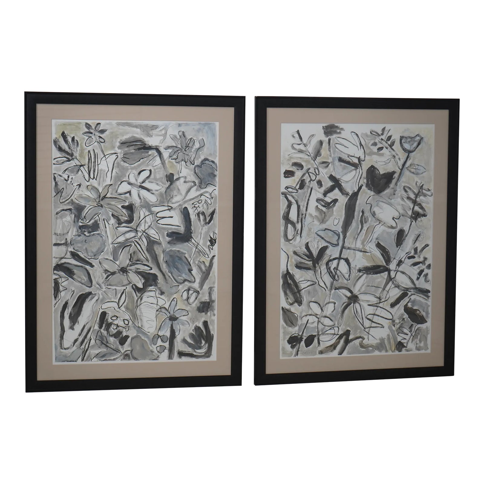 Pair Large Modern Design Artist Signed Watercolors | Chairish