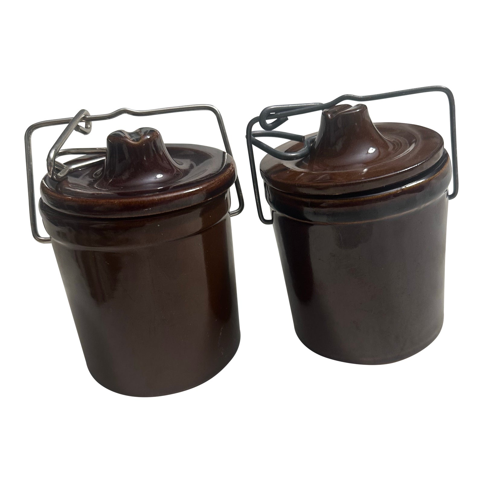 Vintage Stoneware Crocs With Locking Lids- Set of 2 | Chairish