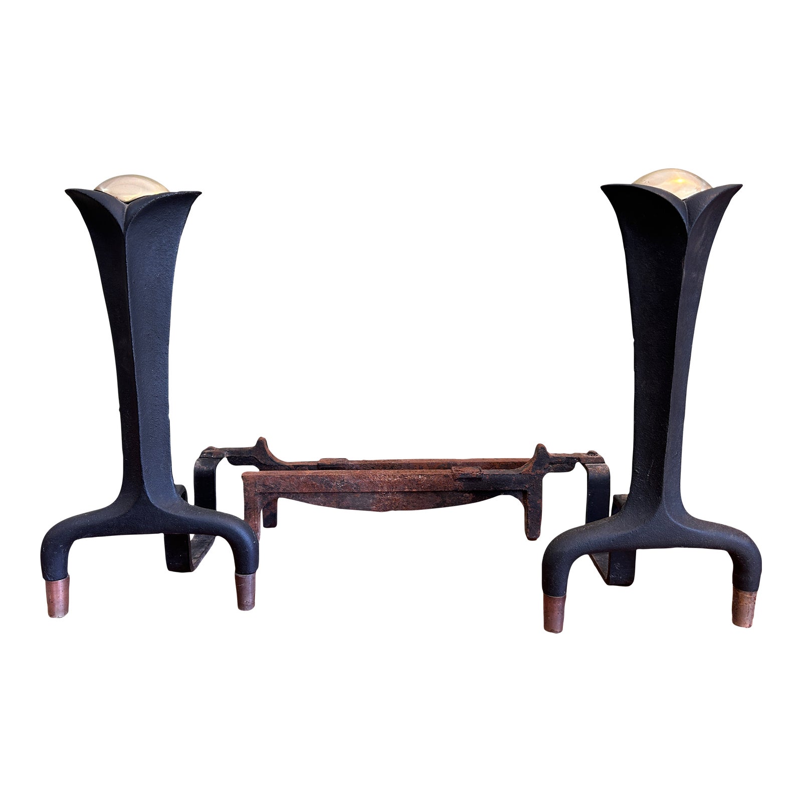 Iron + Brass Andirons by Donald Deskey for Bennett, Circa 1950s | Chairish
