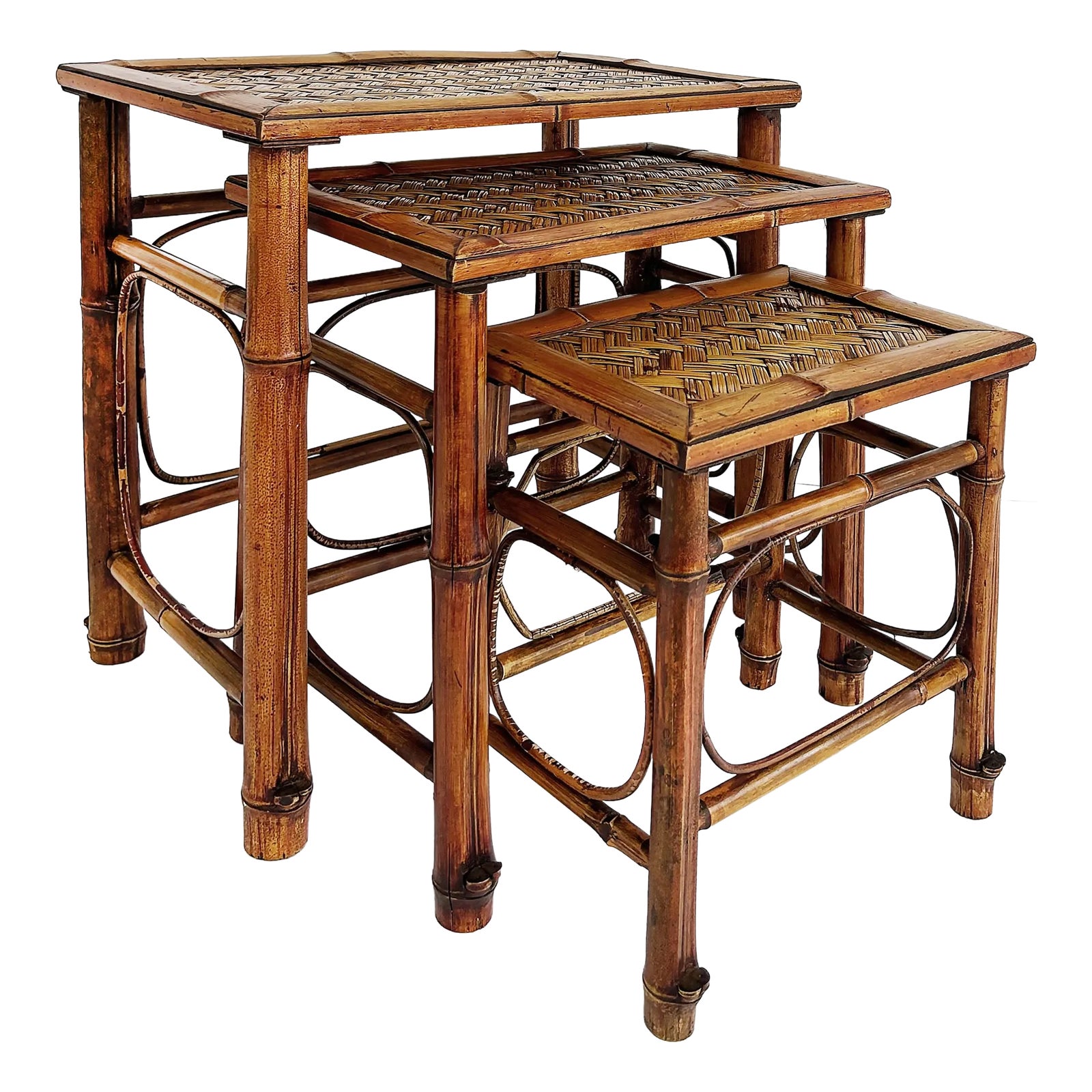 Vintage Chinoiserie Bamboo, Cane Nesting Stacking Tables, Set of 3 ...