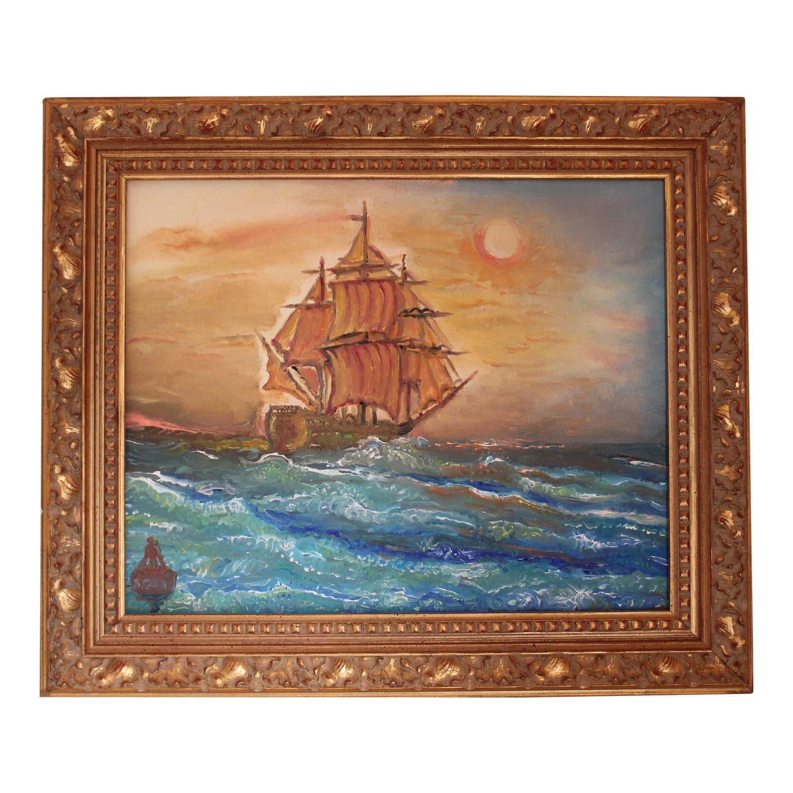Original Oil Painting on Canvas, Seascape, Ship, Sunset, Signed S.Graff ...