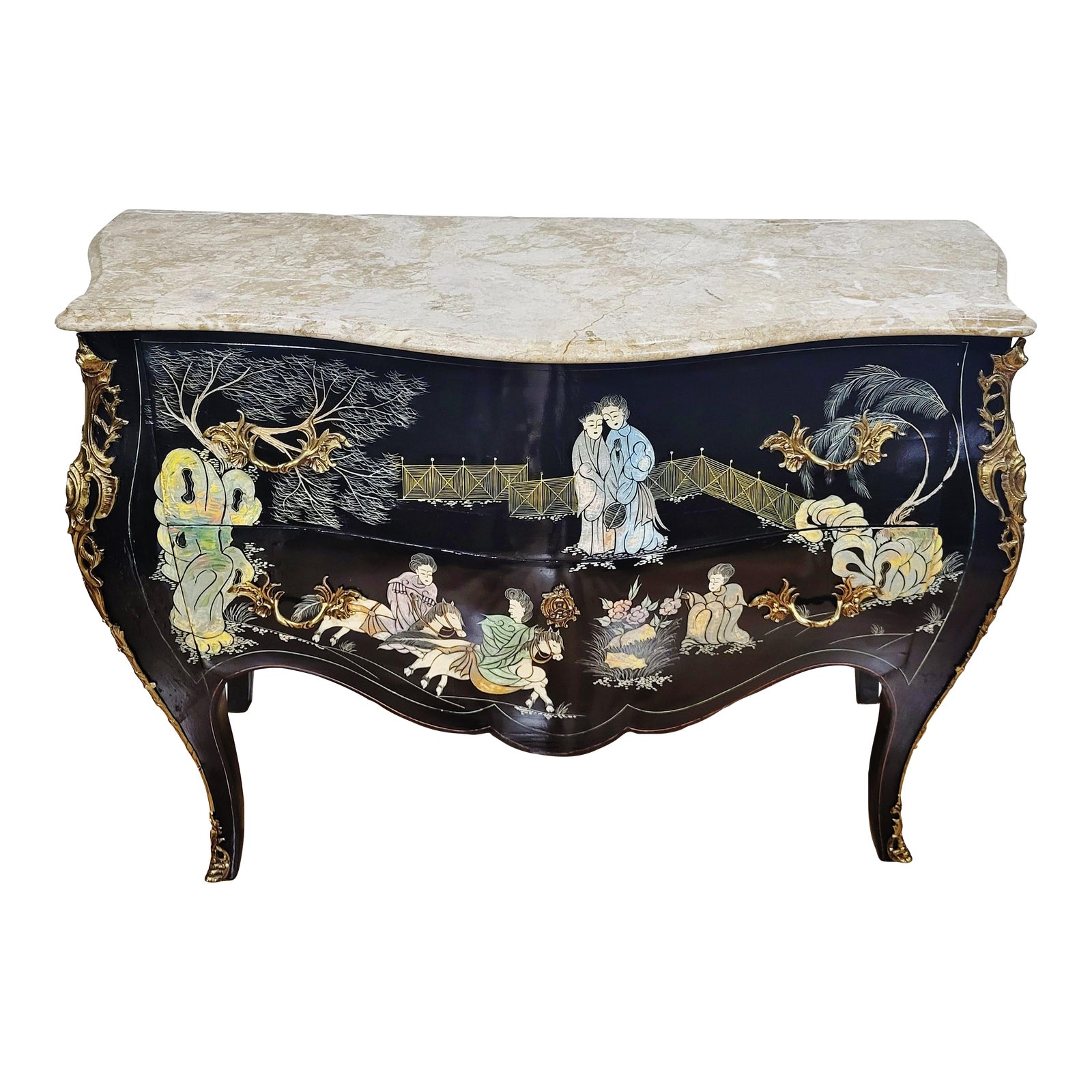 French Asian Louis XV Black Lacquered Marble Top Commode Chest | Chairish