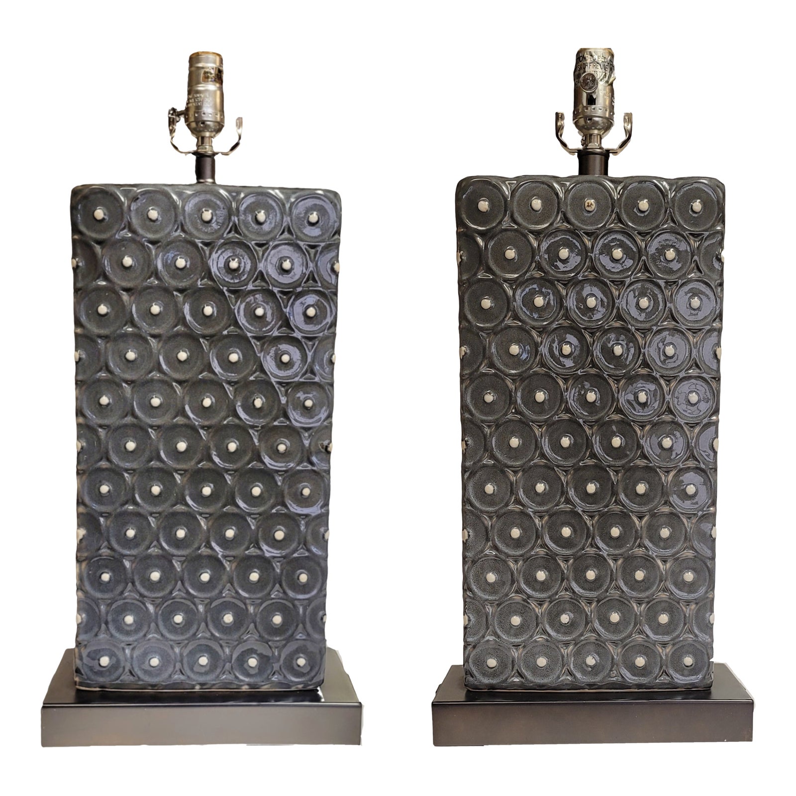 Pair Large Vintage Arteriors Lamps Dark Grey and Cream Dots Ceramic ...