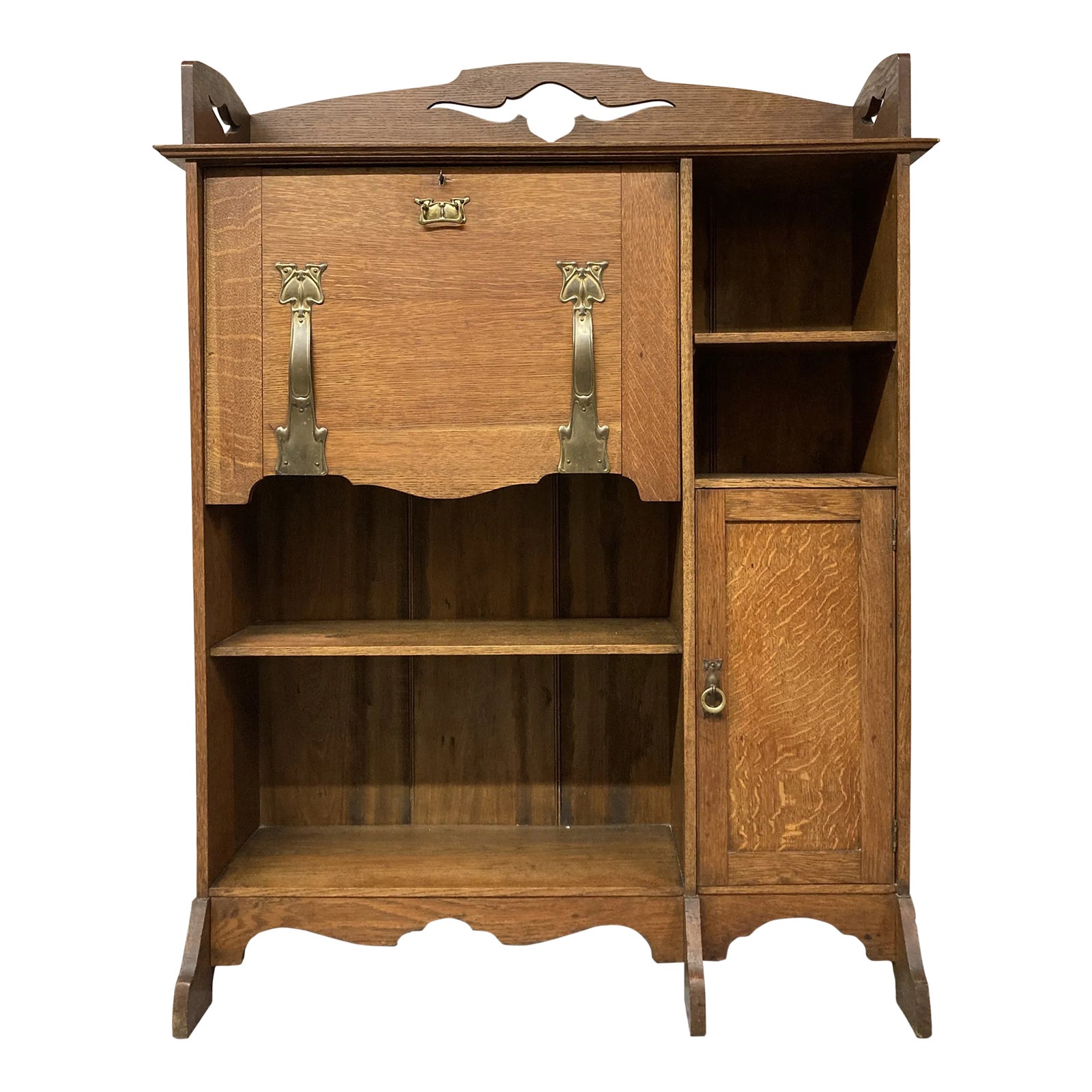 English Oak Arts and Crafts Bureau Bookcase With Brass Strap Detail ...