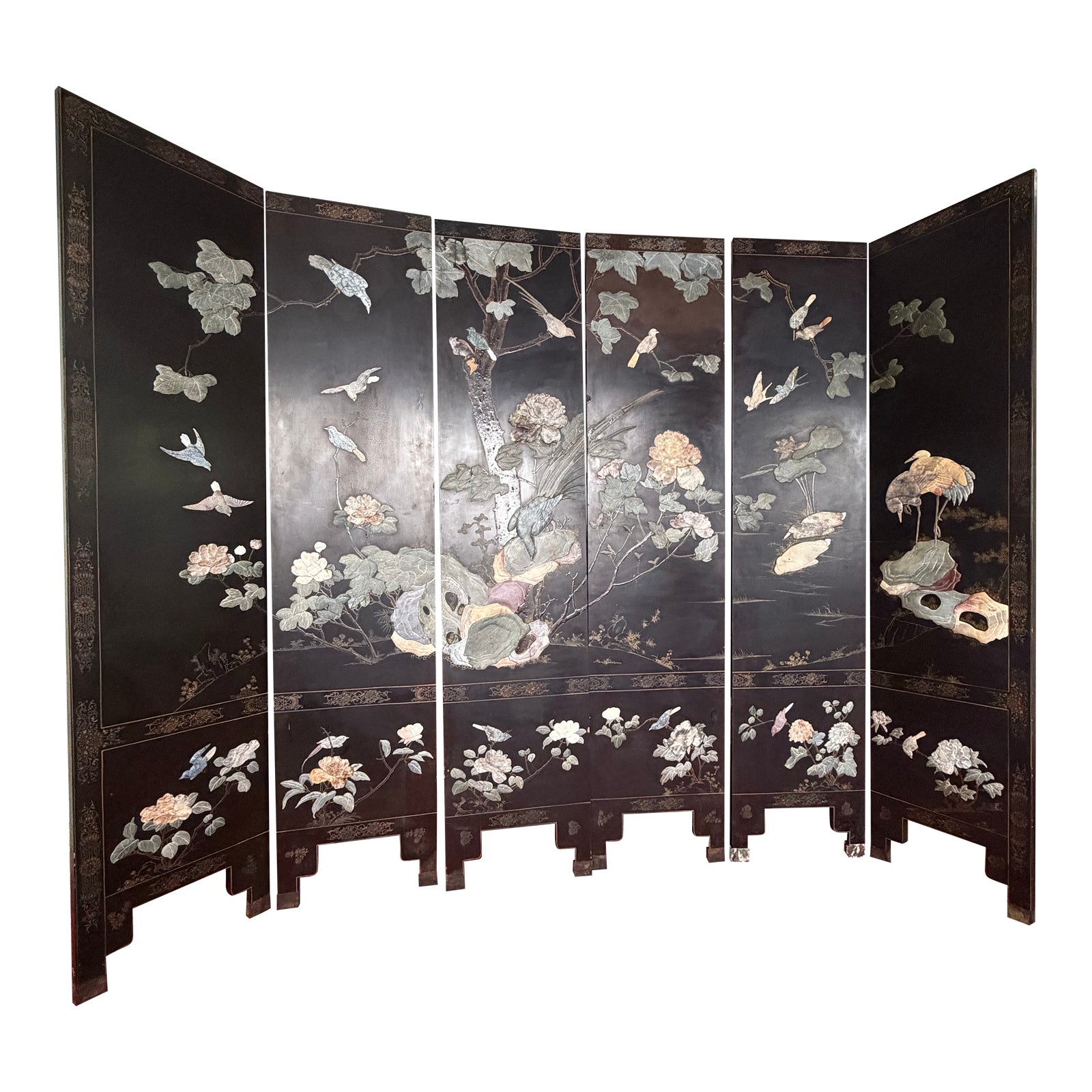 Vintage Chinese Six Panel Folding Screen Room Divider With Hard-Stone ...