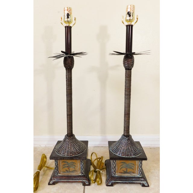 Pair Tall Vintage Palm Beach Style Palm Tree Table Lamps Beaded Silk ...