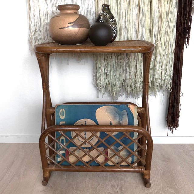 Mid 20th Century Boho Chic Cane & Rattan Side Table W/Magazine Rack ...