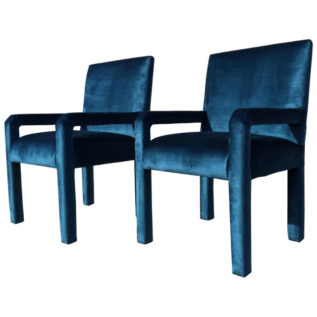 1970s Mid-Century Modern Lagoon Blue Velvet Parson Chairs - A Pair ...