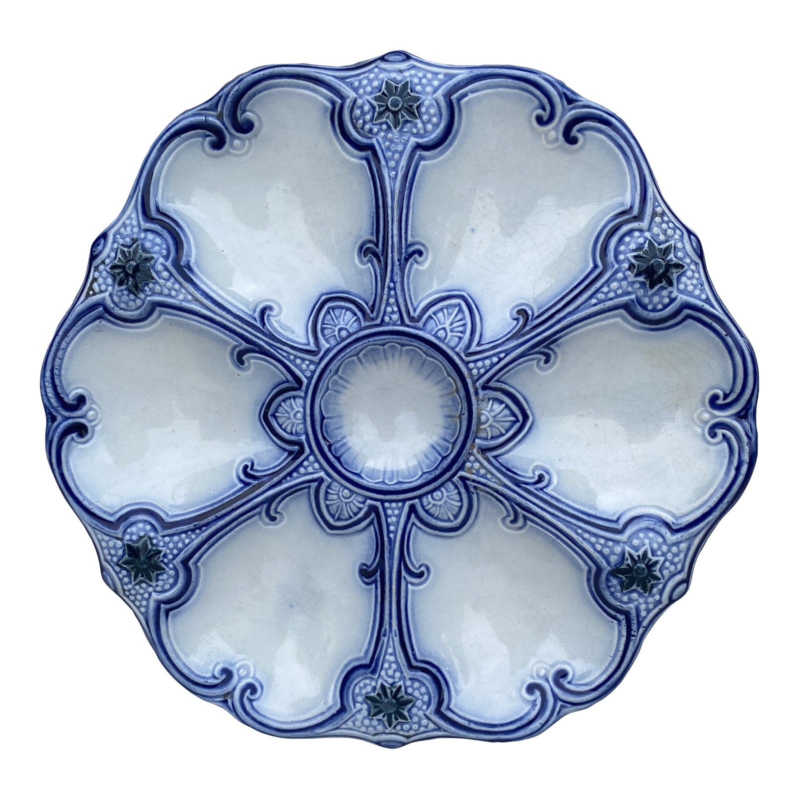 19th Century Majolica Blue & White Oyster Plate Wasmuel | Chairish