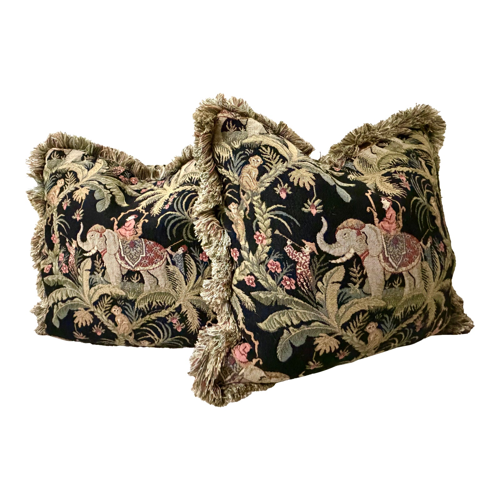 Vintage Chinoiserie Tapestry Throw Pillows With Elephants and Monkeys ...