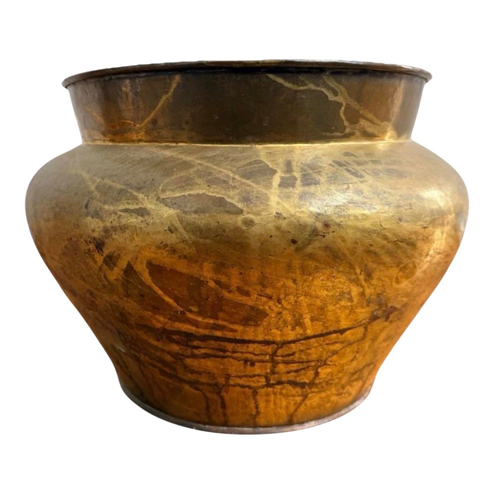 Antique Hand-Hammered Brass Vessel / Planter With Aged Patina | Chairish