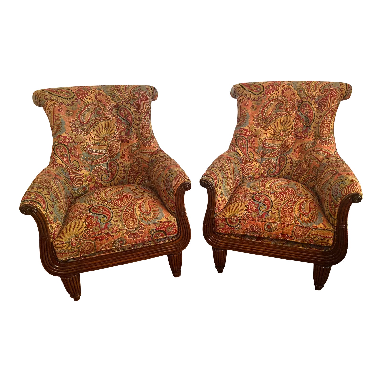 Large Comfortable Paisley & Mahogany Tall Back Club Chairs- a Pair ...