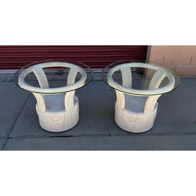 Pair of Post Modern Pencil Reed Glass Top Side Tables | Chairish