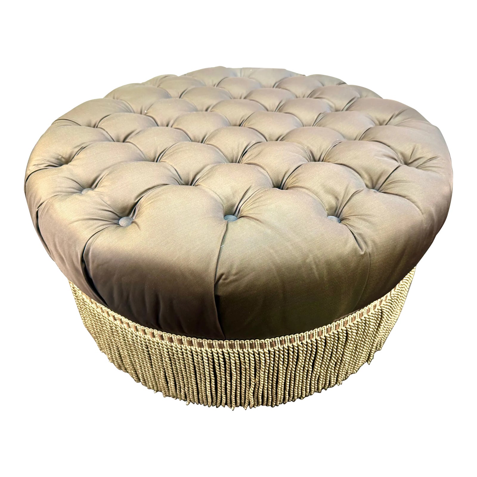 Vintage Schnadig Tufted Round Ottoman With Fringe Detailing | Chairish