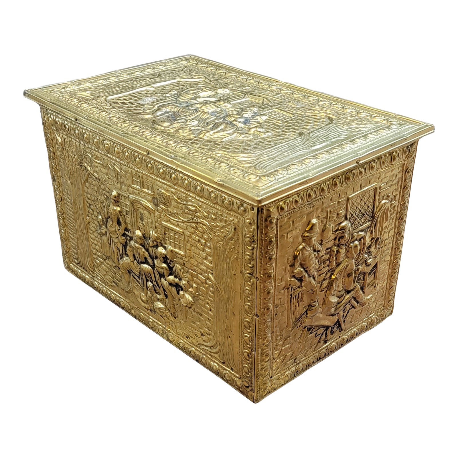 Antique Large Brass Box With Tavern Scenes | Chairish