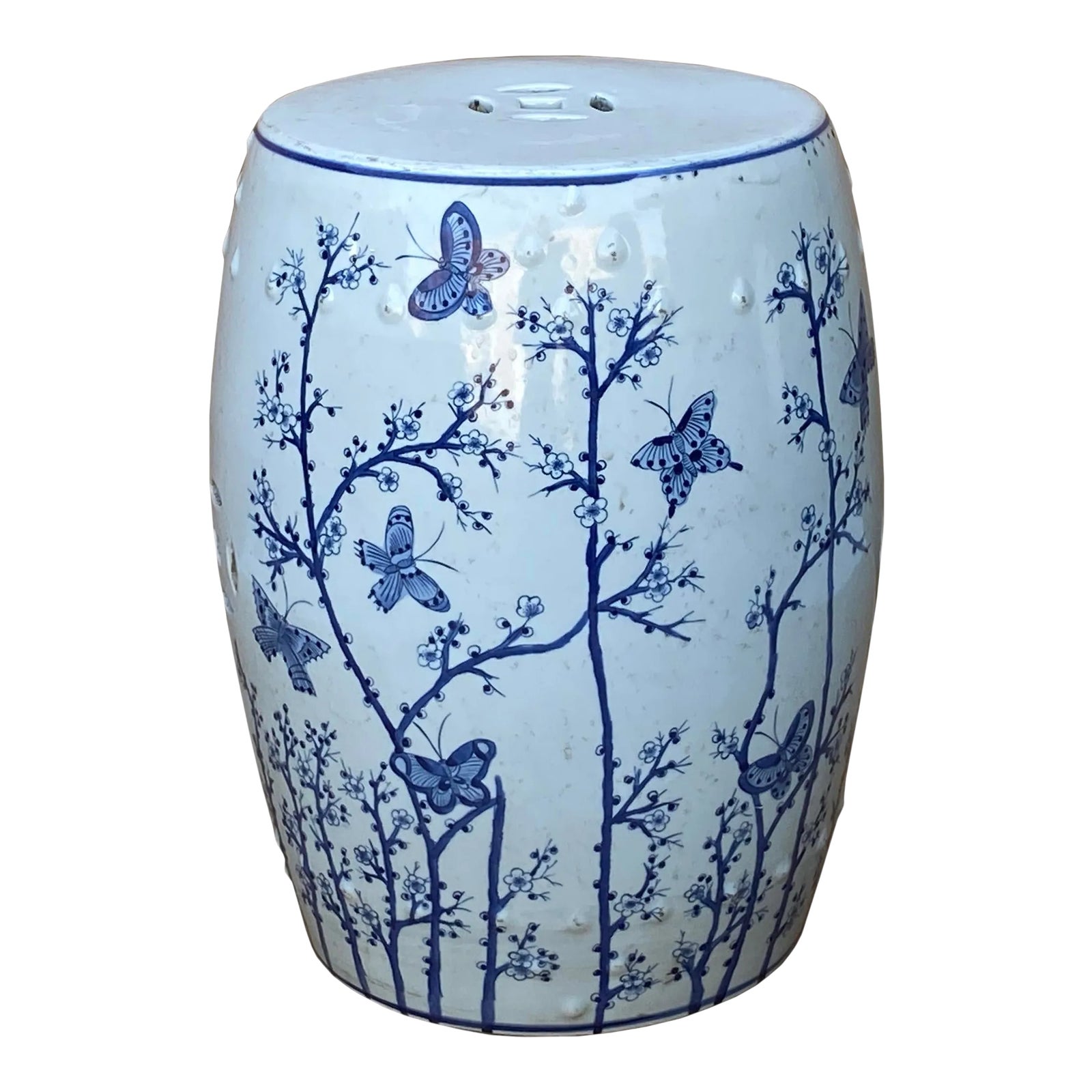 Chinese Blue & White Porcelain Round Flower Butterflies Table Stool ...