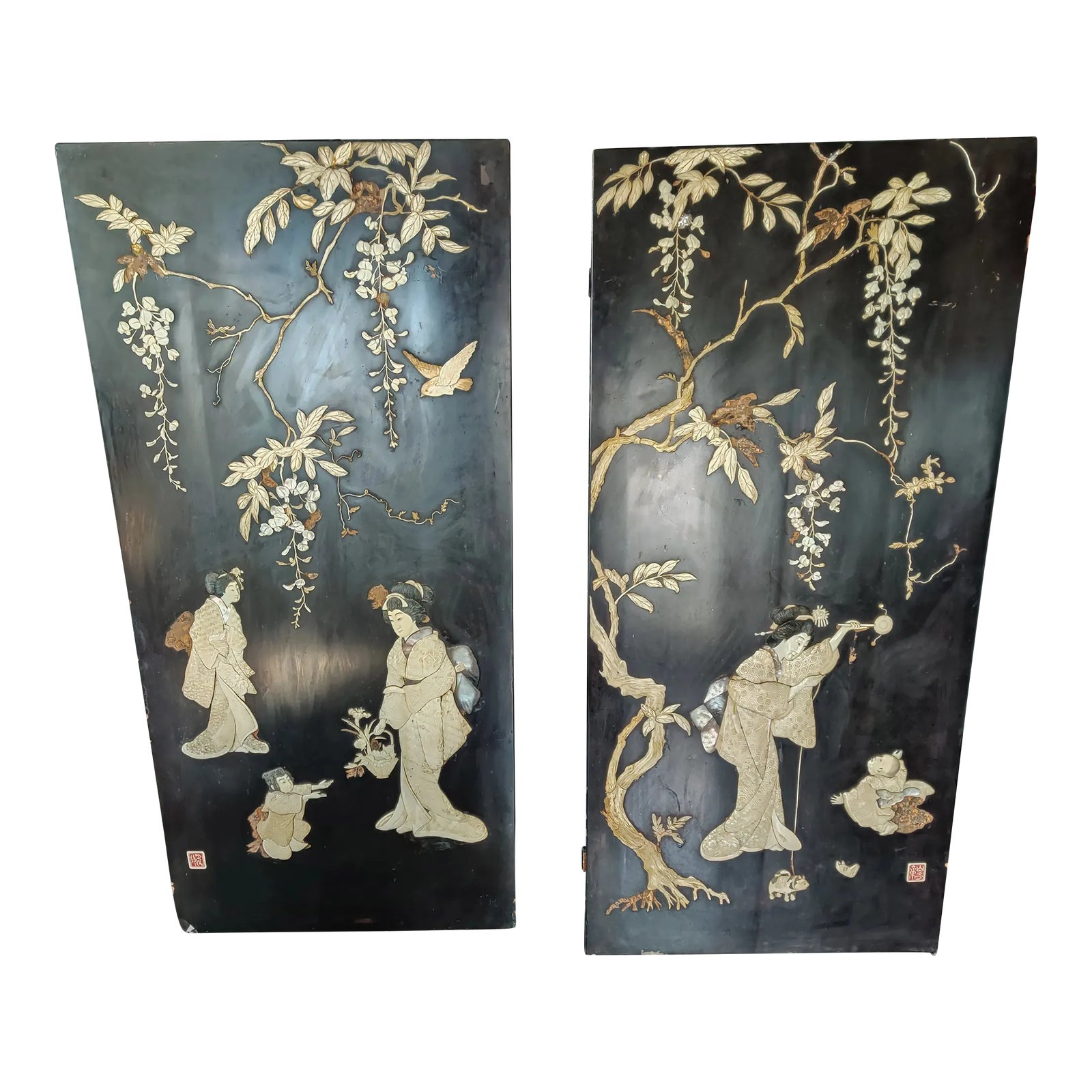 Antique Japanese Black Lacquer Wall Panels- Set of 2 | Chairish
