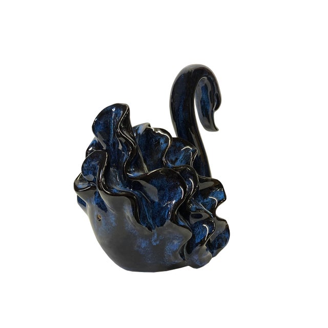 Ceramic Clay Navy Blue Wave Ribbon Feather Swan Art Figure | Chairish