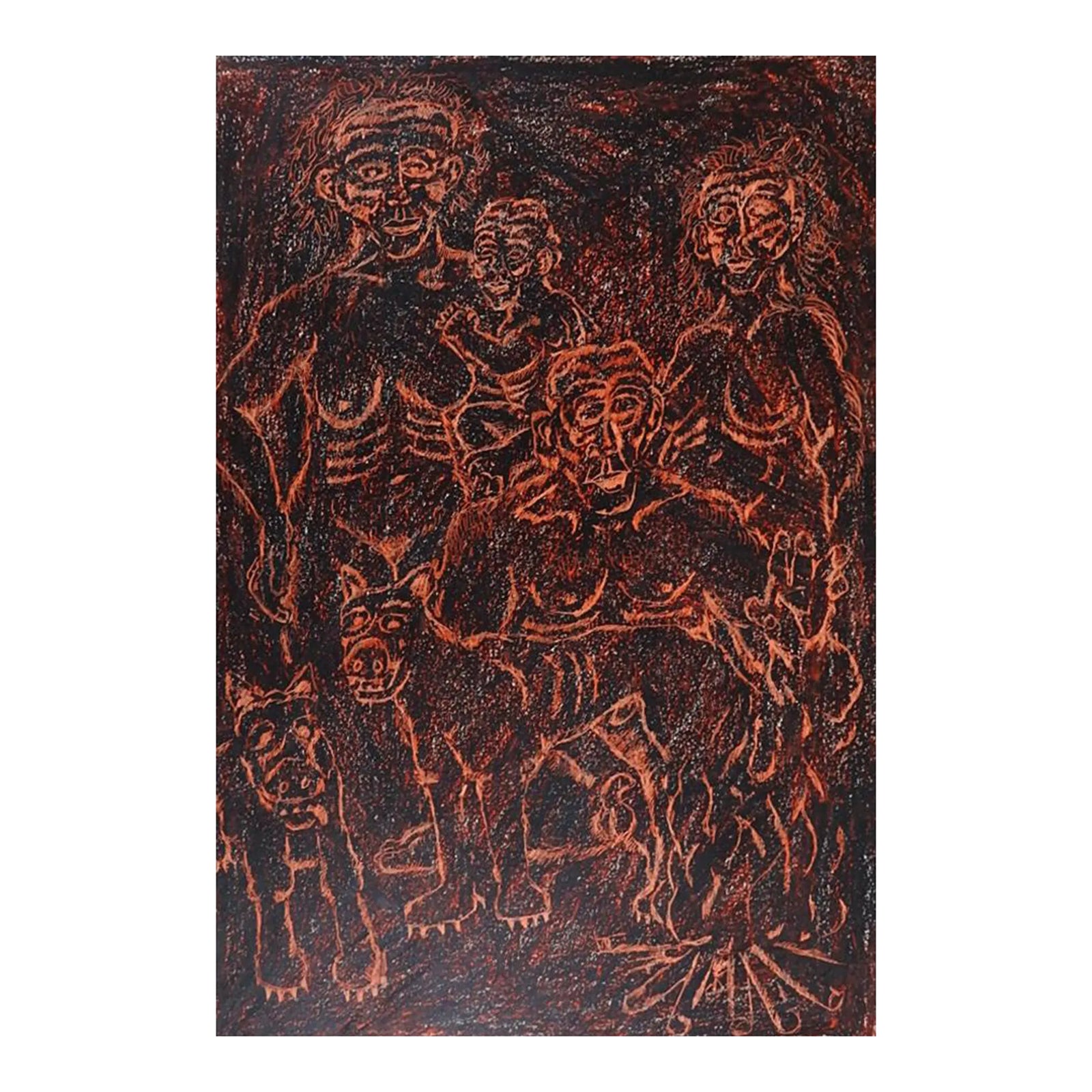 Vintage Expressionist Caveman Campfire and Dogs Painting | Chairish