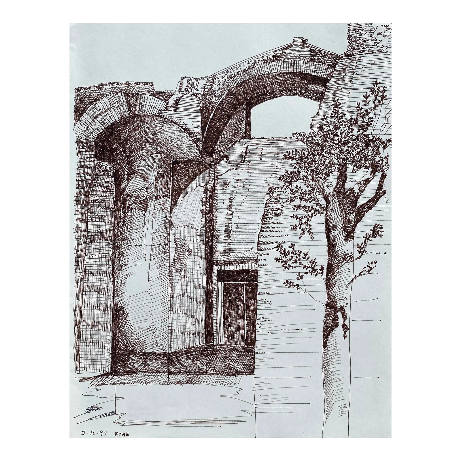 1997 Ron Yrabedra Roman Ruins Drawing | Chairish