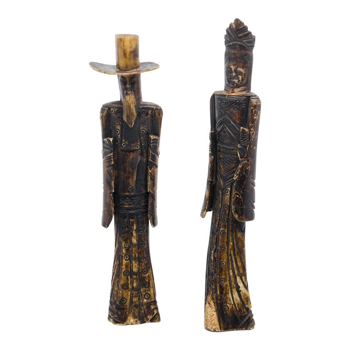 1920s Chinese Carved Bovine Horn Figures - a Pair | Chairish