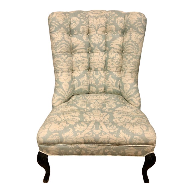 Blue & White Linen Damask Reading Chair | Chairish