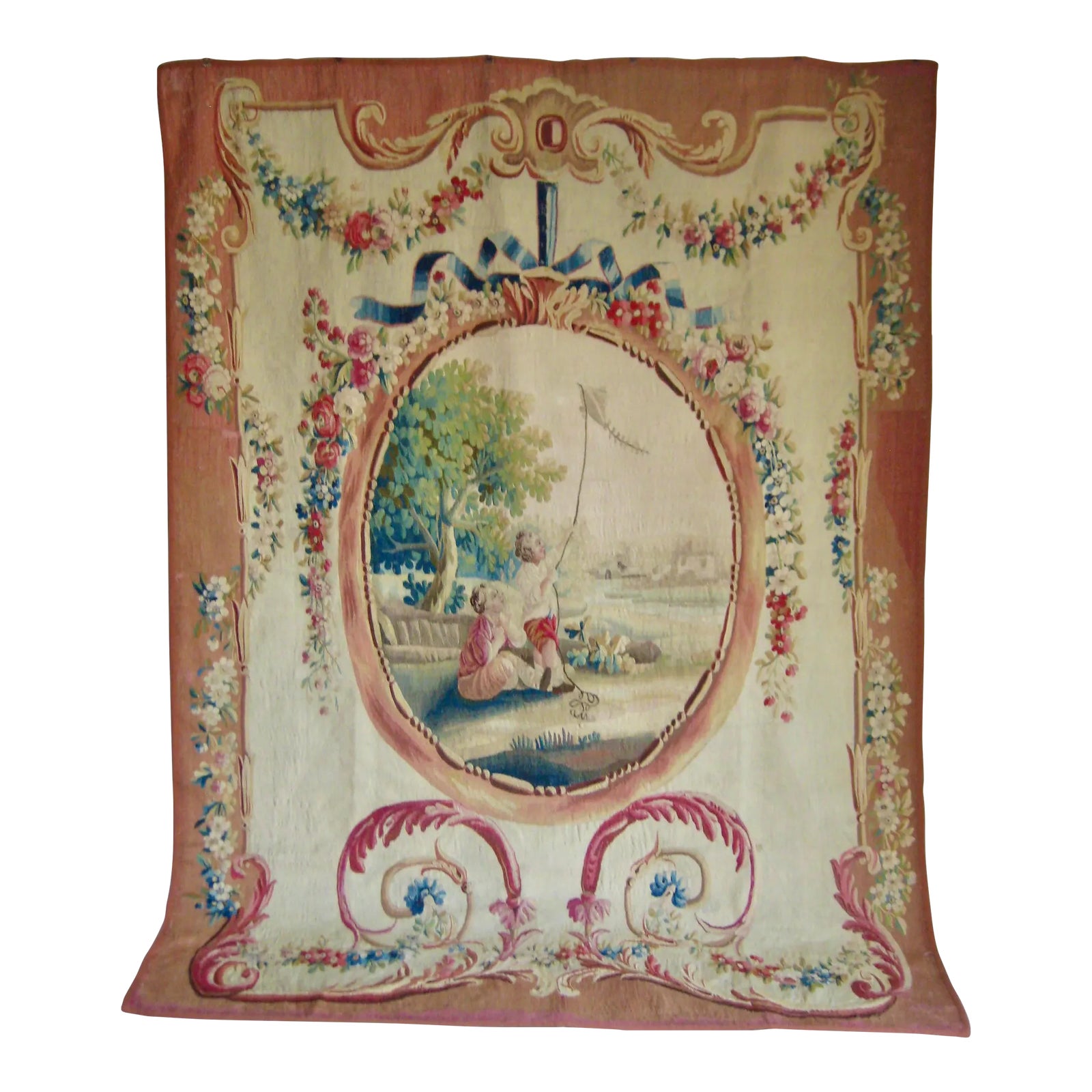 Aubusson French Tapestry Scene Galante Style Verdure Boys Playing Kite ...