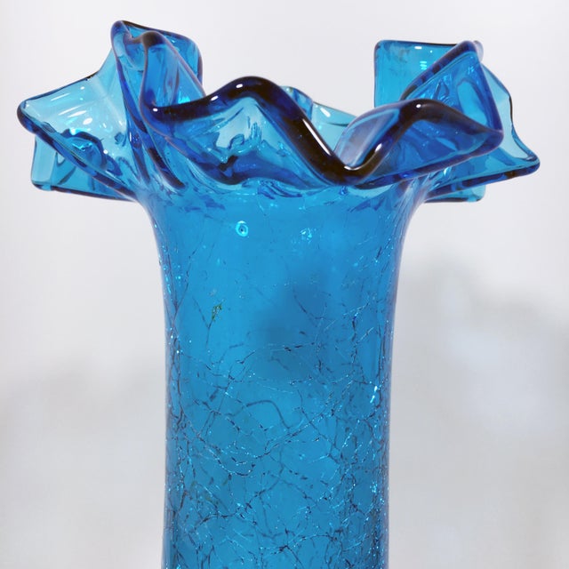 Blenko-Style Ruffle Top Crackle Vase | Chairish