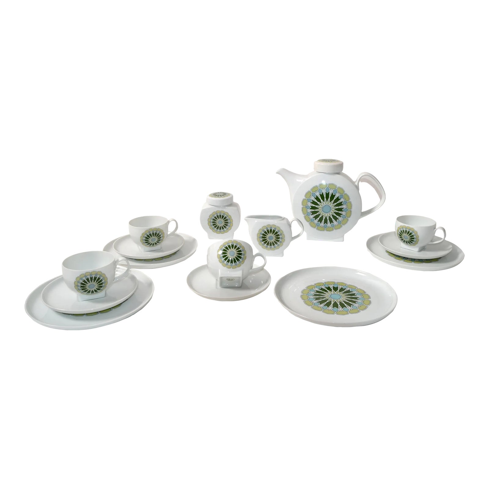 Vintage Melitta Minden Porcelain Tea Service Green White Motif 4 Place ...