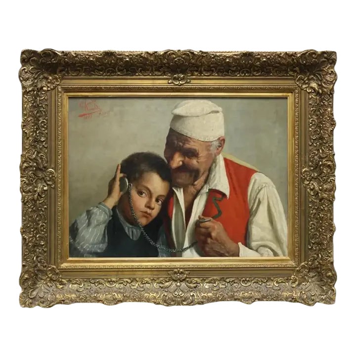 Antique Claudio Rinaldi Italian Portrait Painting of an Old Man and Boy ...