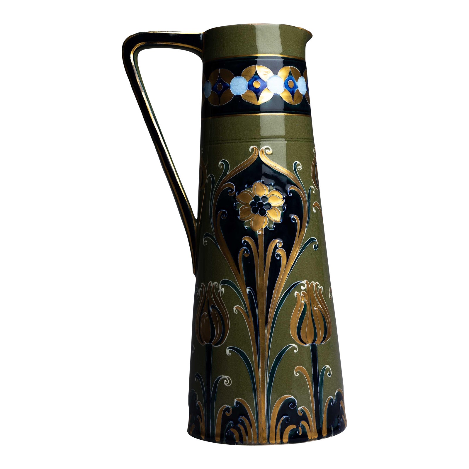 Early 1900s Green and Gold Florian Ware Pitcher by William Moorcroft ...