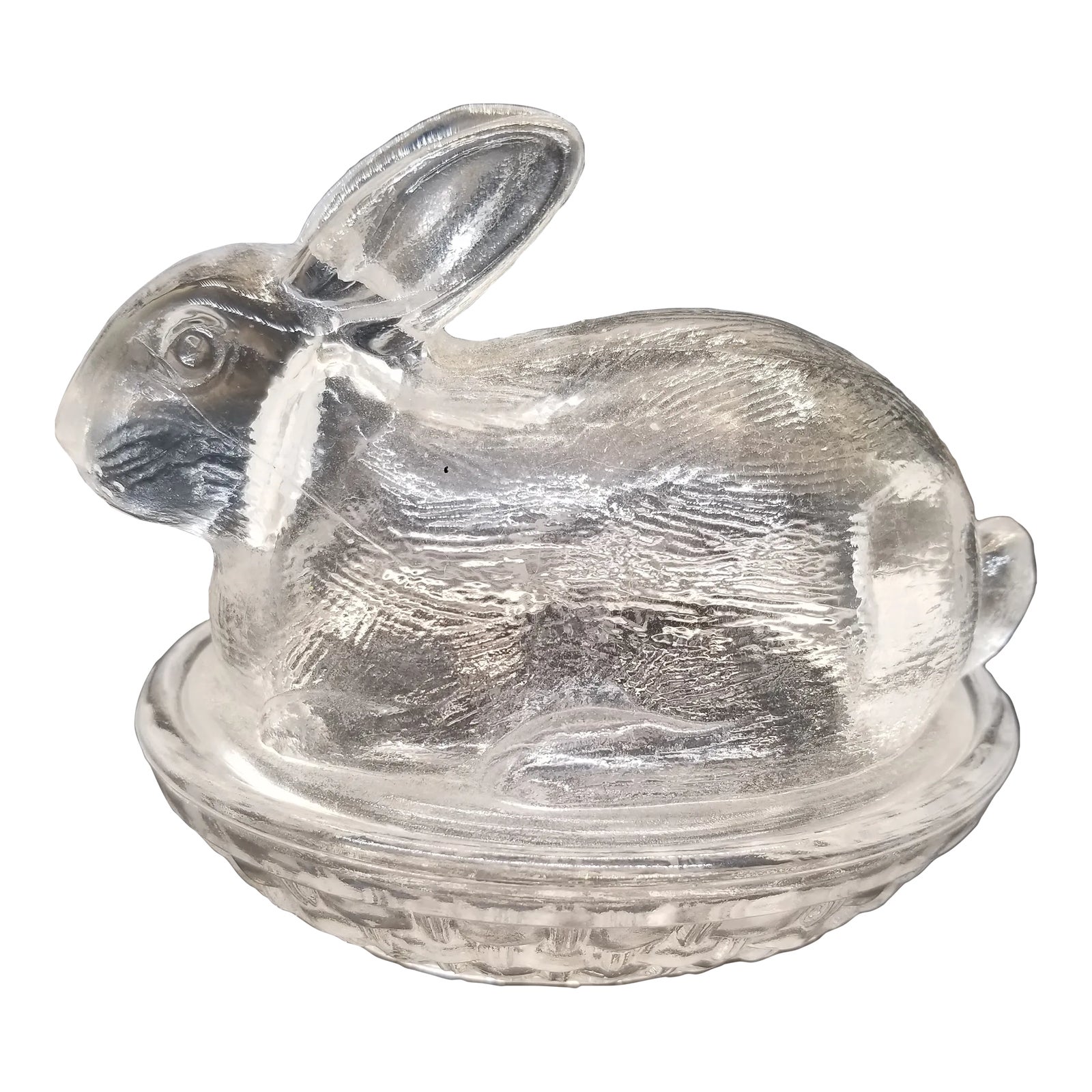 Vtg Le Smith Clear Glass Bunny Rabbit on a Nest, Covered Candy Dish 4 1 ...