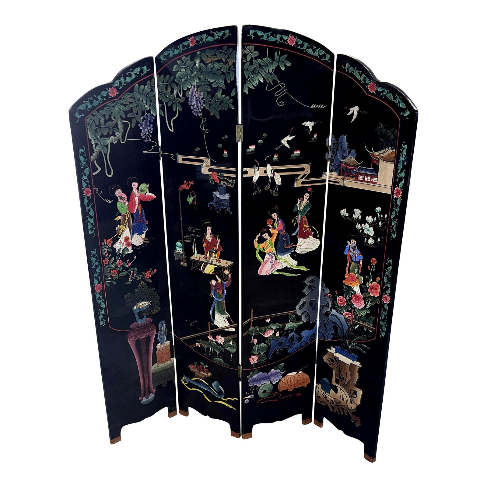 1950s Chinese Coromandel Arched Four-Panel Lacquer Screen Divider ...