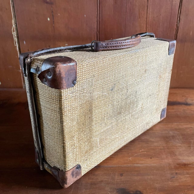 1900s Antique Edwardian Rattan Sisal Travel Suitcase with Leather ...