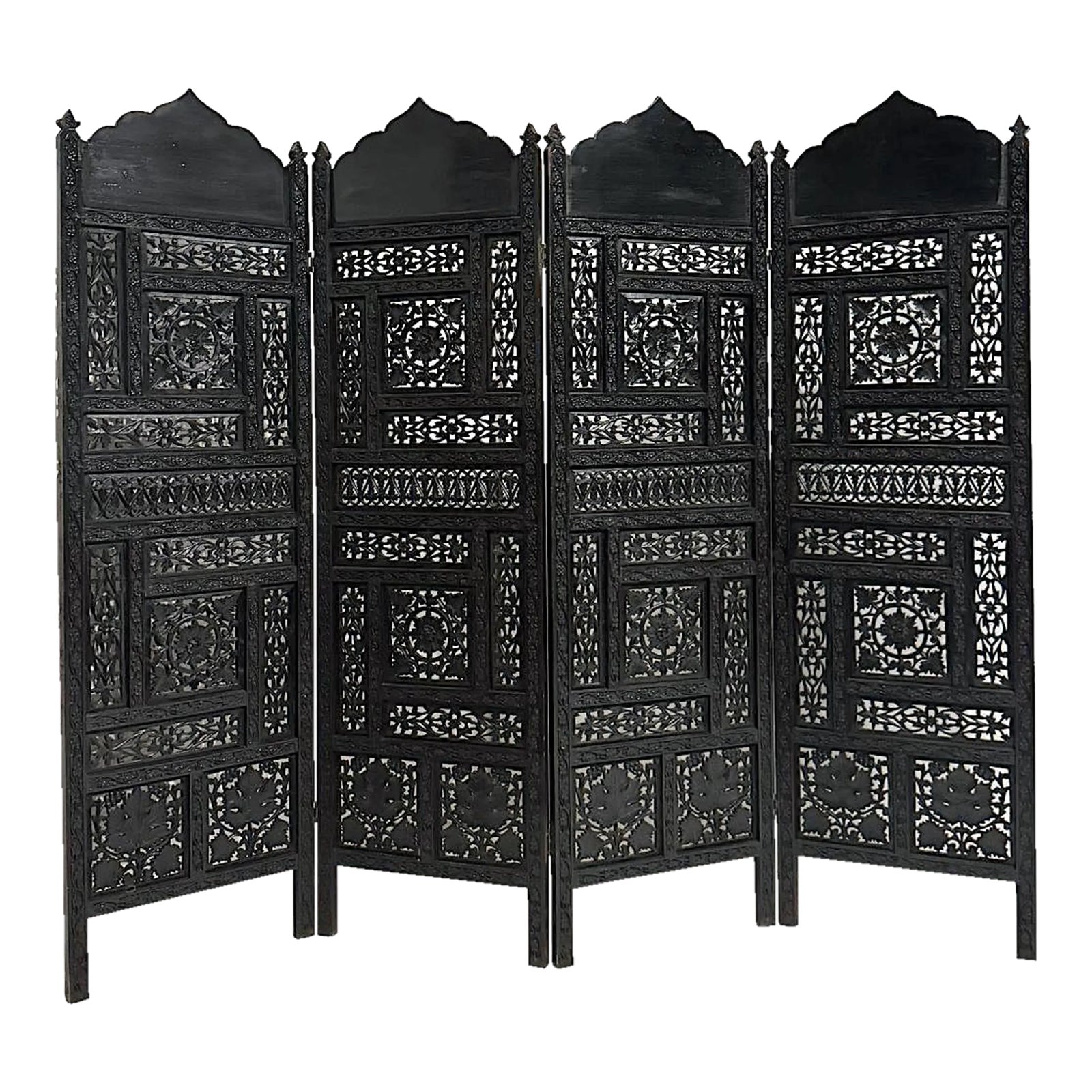 Old Intricately Carved Openwork 4 Panel Ebony Black Oak Floor Screen ...