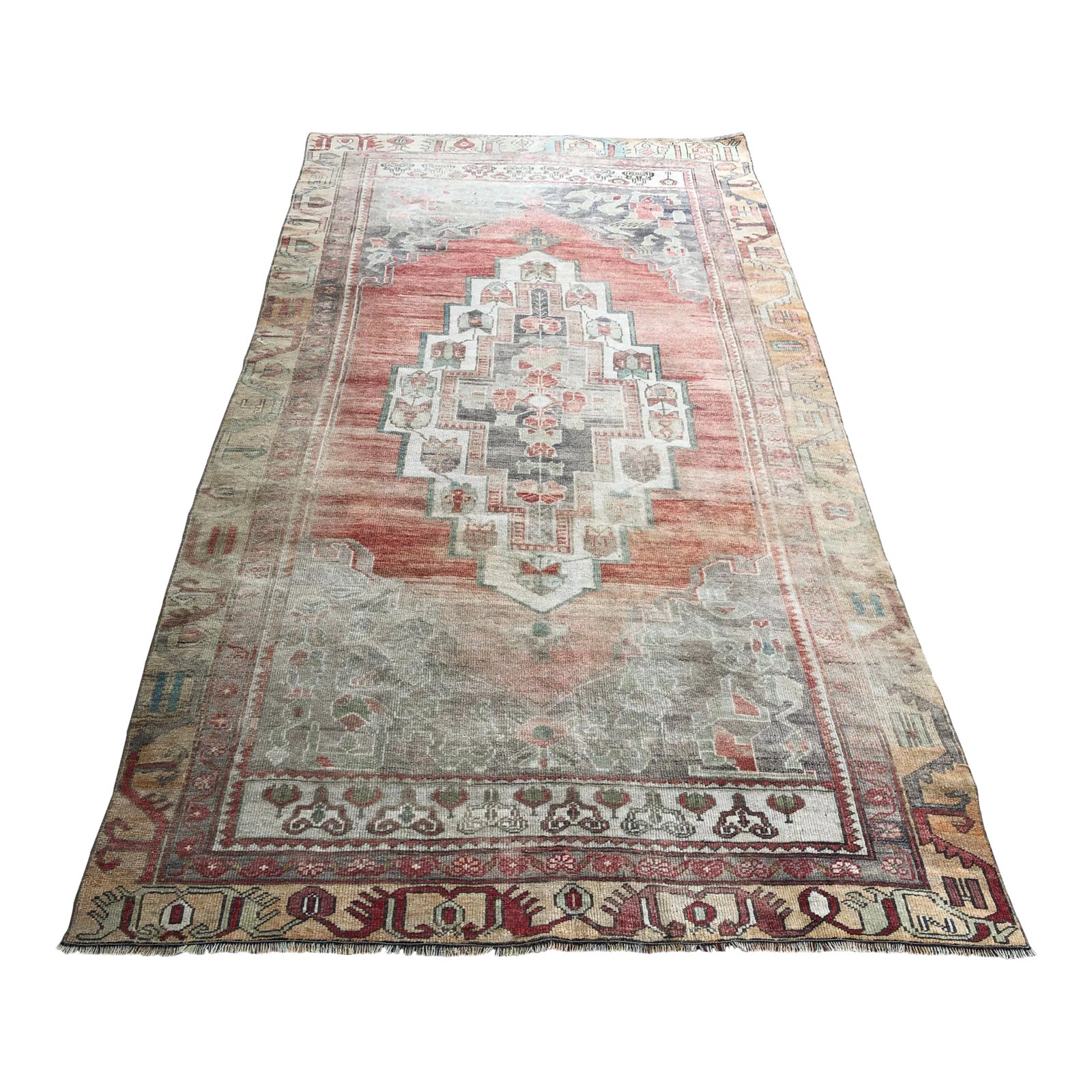 Vintage Distressed Turkish Handmade Red and Gray Rug | Chairish
