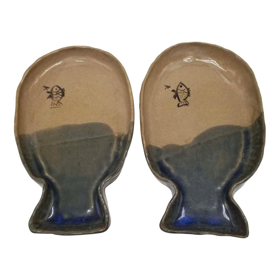 Japanese Vintage Hand Kneaded Indigo Glaze Fish Shaped Engraved Plates ...
