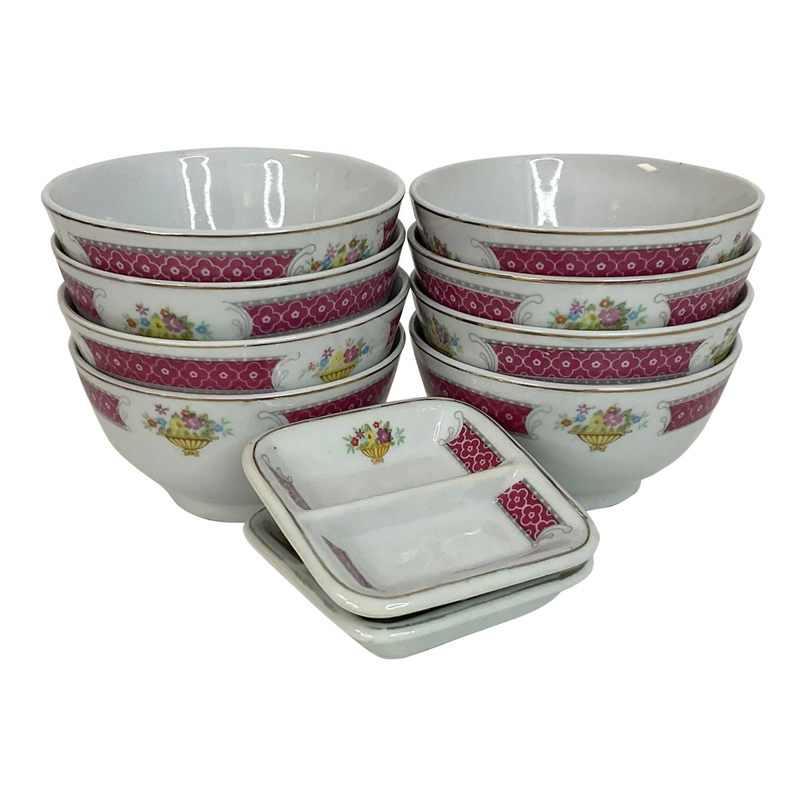 Mid-Century Chinese Ceramic Rice Bowls and Sauce Cups in Cerise - Set ...
