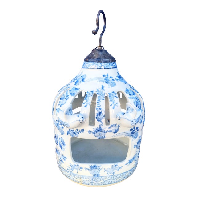 Vintage Ceramic Blue and White Chinoiserie Large Bird Cage Decorative ...