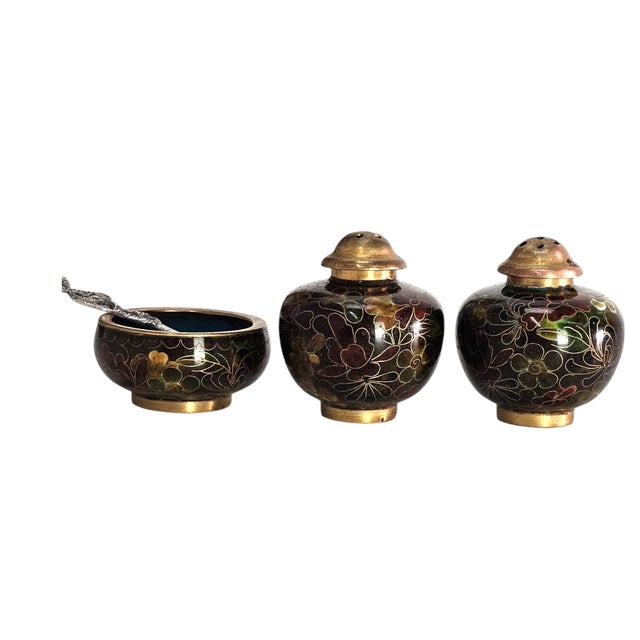Chinese Cloisonné Salt & Pepper Shakers Salt Cellar and Spoon 2" | Chairish
