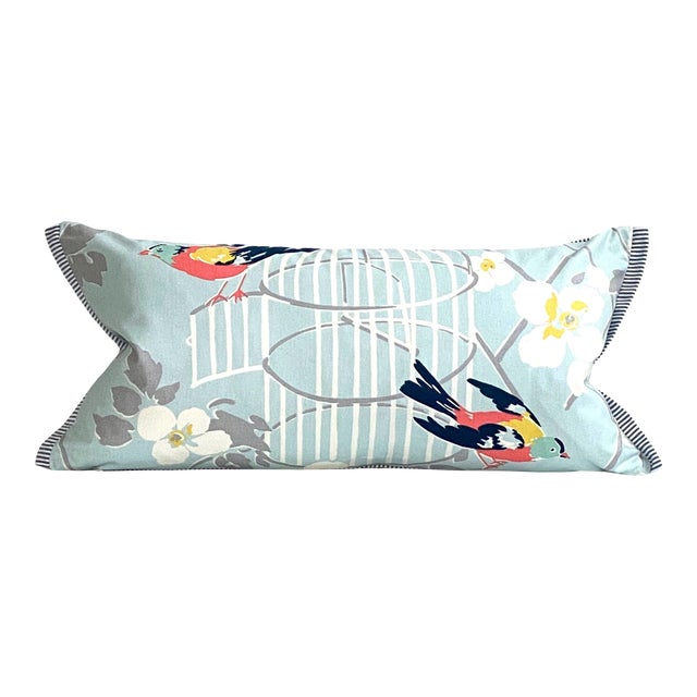 Kate Spade Birdsong Aqua Pillow with Blue Ticking Stripe on Back and ...