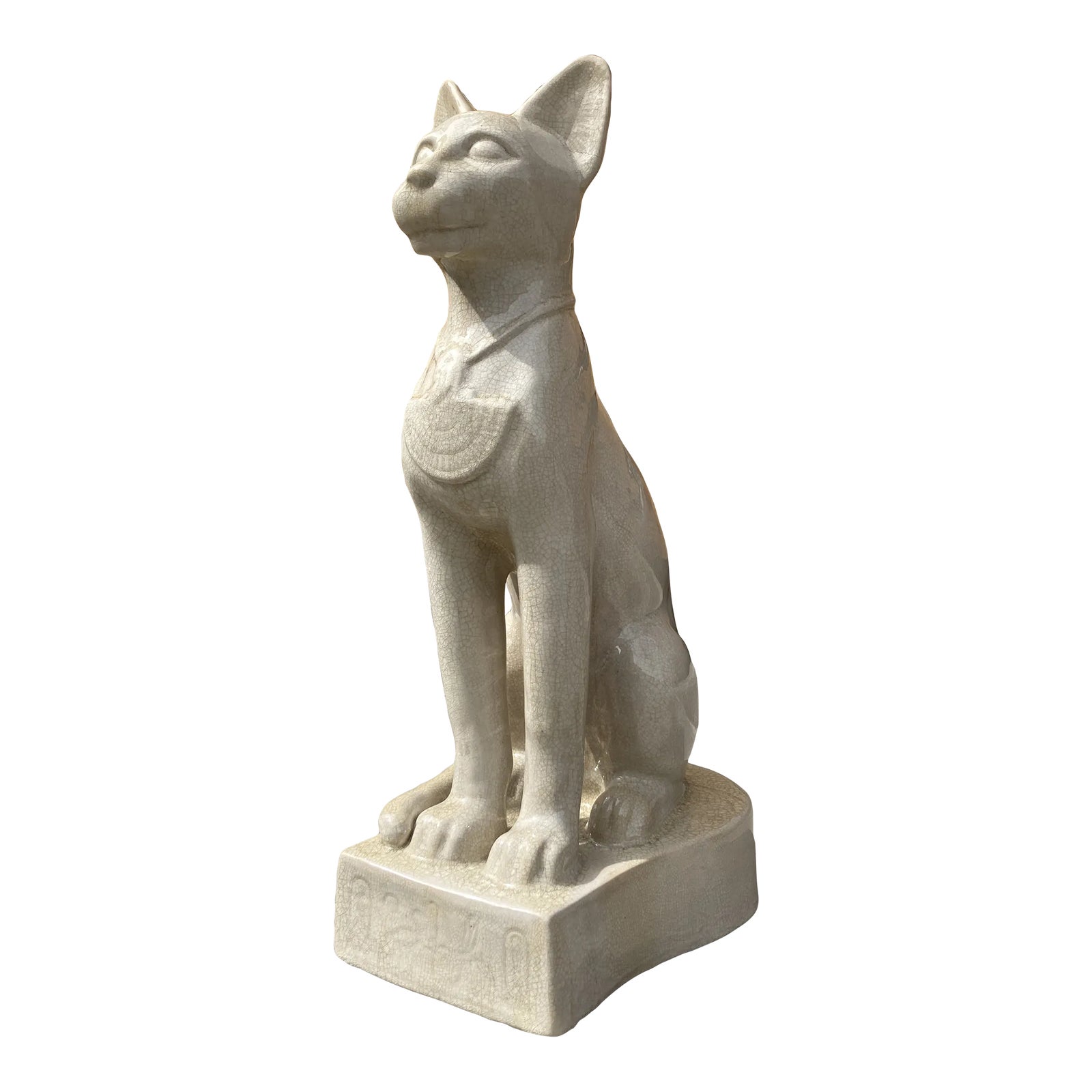 1980s Egyptian Cat Entryway Statue in Crackle Glazed Porcelain | Chairish