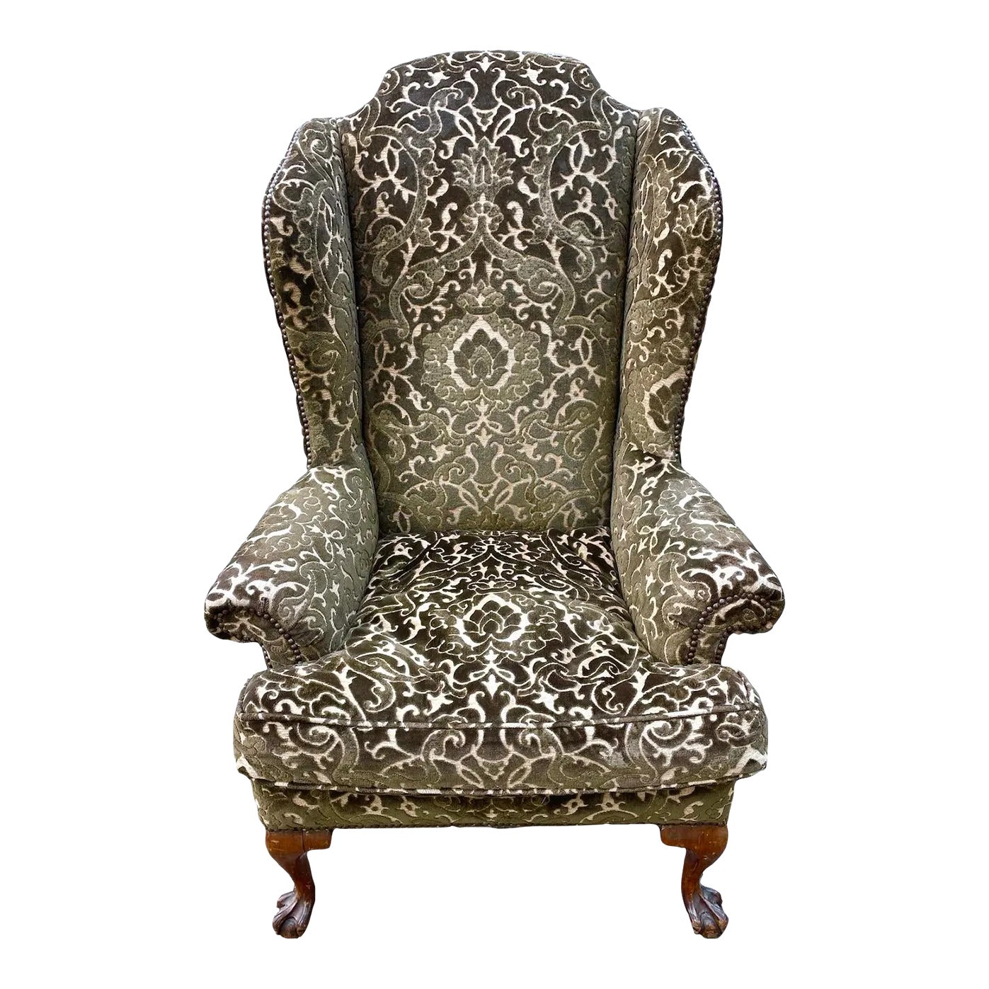 Vintage Brown Floral Damask Wingback Chair | Chairish
