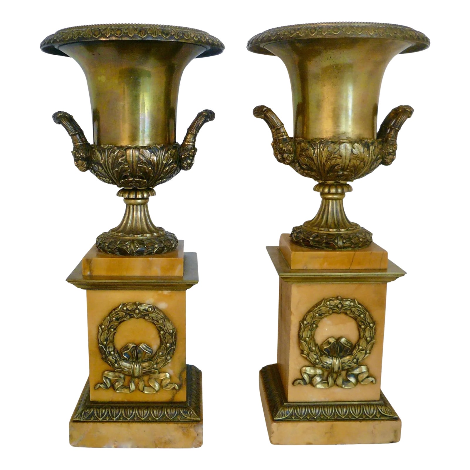 Pair French Empire Bronze and Marble Campana Form Urns | Chairish
