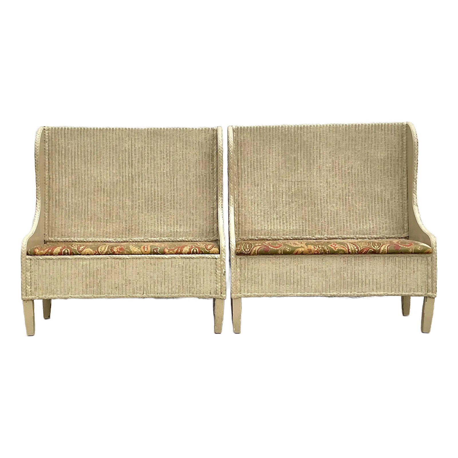 Vintage Coastal Woven Rattan High Back Benches - A Pair | Chairish