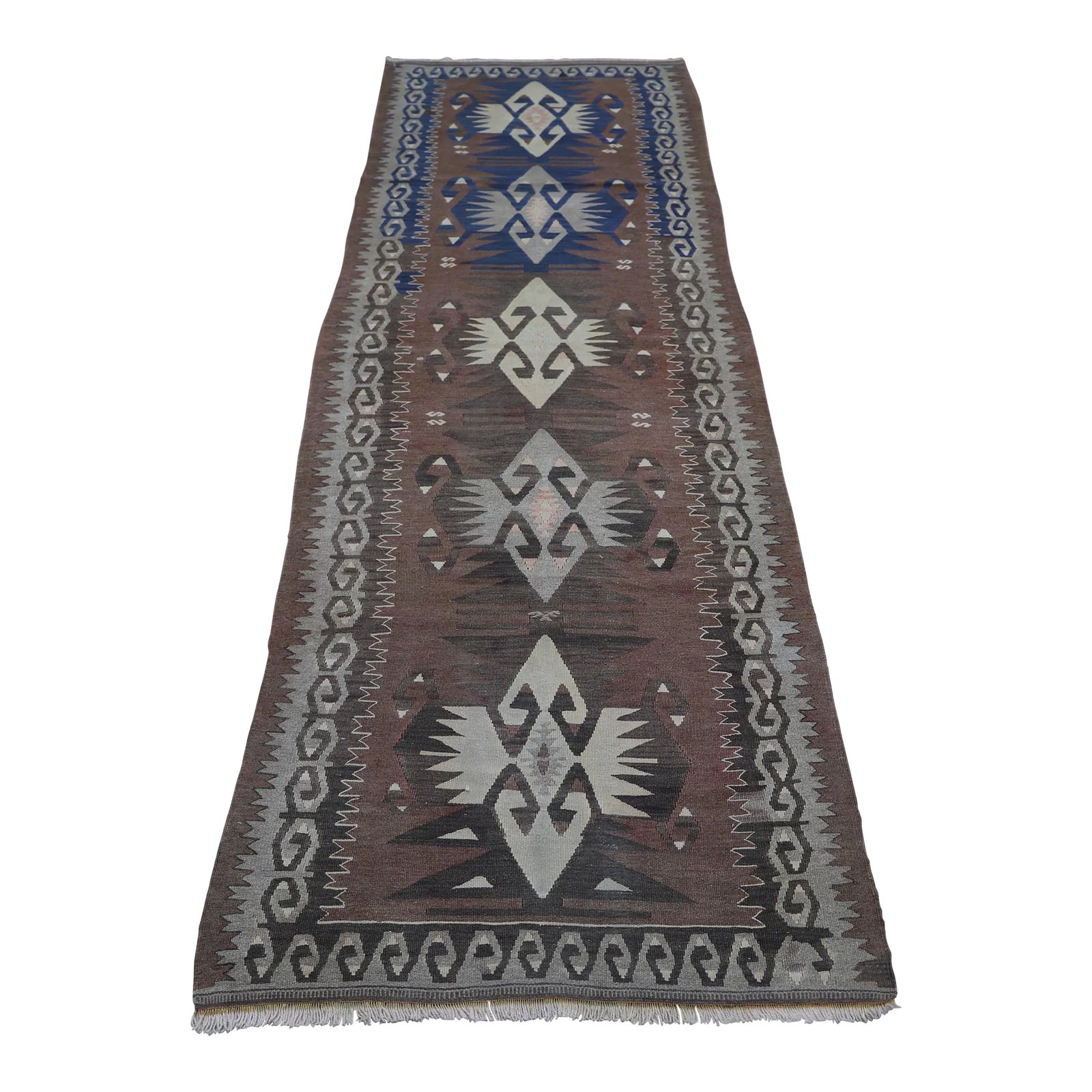 1980s Turkish Vintage Ethnic Aztec Design Natural Kilim Runner Rug ...
