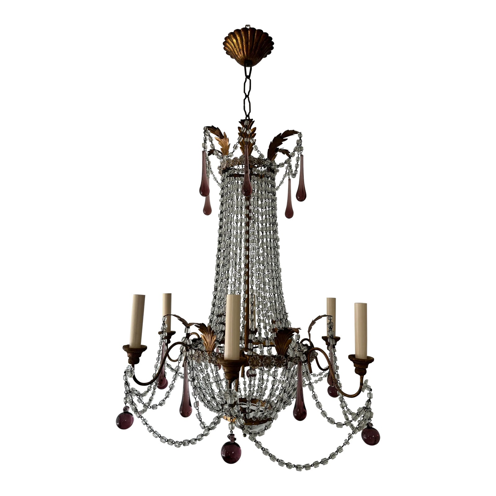French Amethyst Murano Glass Empire Macaroni Swags Gold Gilt Chandelier ...